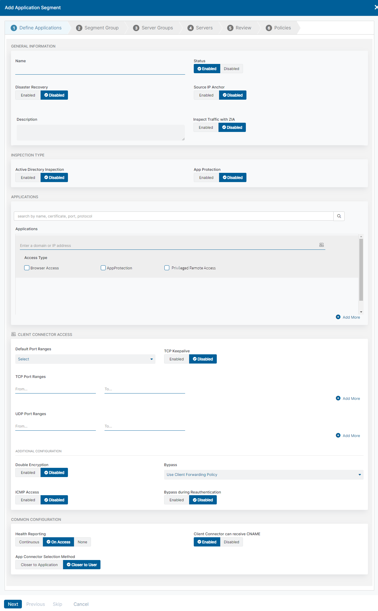 Defining applications within an application segment